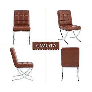 CIMOTA Modern Tufted Dining Chairs Set of 2 Upholstered Leather Dining Room Chairs Kitchen Chairs Comfy Armless Side Chairs with Chrome Metal X Legs for Dining Room/Living Room, PU Brown/2PCS