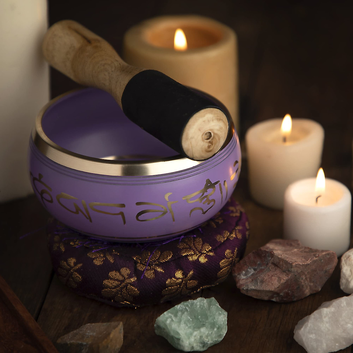 Purple Singing Bowl Set with Wooden Mallet and Cushion, Brass – Unique, Tibetan Bowls for Meditation, Grounding, Experiencing Spiritual Oneness - Lightweight Bowl - Decor for Home, Yoga Studio