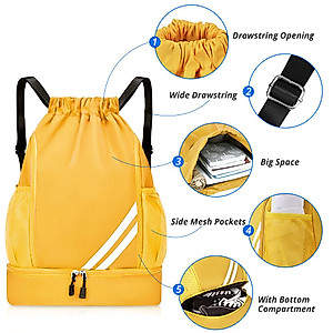 Drawstring Backpack Sports Gym Bag with Shoes Compartment, Waterproof Draw String Back Bag for Men Women (Yellow)