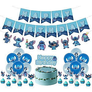 Lilo Birthday Party Decoration, Stitch Birthday Banner Cake Toppers Balloons,Stitch Theme Birthday Party Decorations