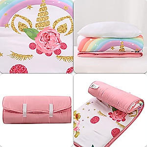 Wowelife Toddler Sleeping Bag Unicorn Toddler Nap Mat with Removable Pillow for Boys Girls Daycare Preschool Kindergarten,Carry Handle with Straps Closure, 50 * 20 Inch(Pink)