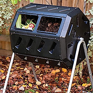 FCMP Outdoor IM4000-WK 37 Gallon Plastic Dual Chamber Tumbling Composter Outdoor Elevated Rotating Garden Compost Bin, Black/Black