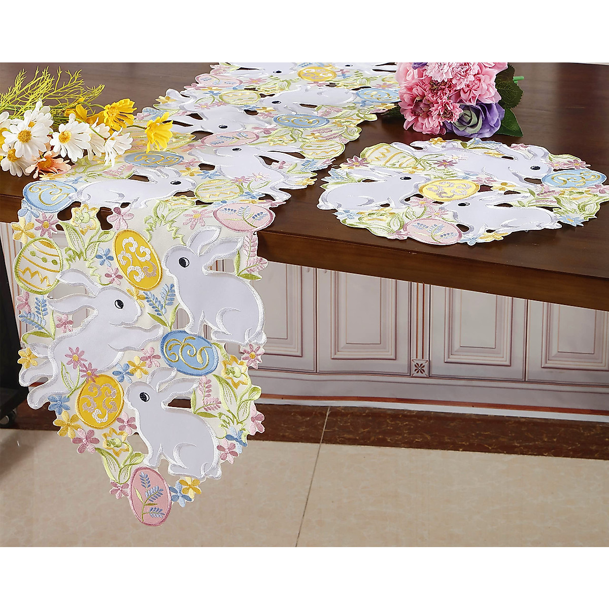 Easter Table Runner Spring Bunnys Flowery Table Runner Cutwork Embroidered Floral and Bunnys Dresser Scarf Table Topper Home Kitchen Dining Tabletop Decoration (Runner 13"×36", Bunny)