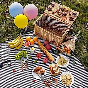 Wicker Picnic Basket for 4, 4 Person Picnic Kit, Willow Hamper Service Gift Set with Blanket Portable Bamboo Wine Snack Table for Camping and Outdoor Party