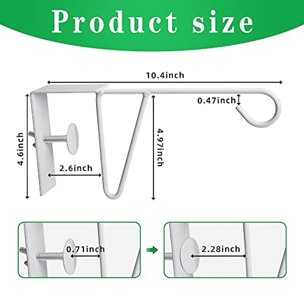 moonoom 2 Pack Adjustable Vinyl Fence Hooks,5 x 10 Inches Durable White Patio Hooks Coated Steel Fence Hangers for Hanging Flower Baskets, Wind Chimes, Planters, Lights (2pcs White)