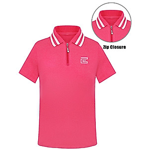 EXARUS Girls' Short Sleeve Golf Tennis Polo Shirts Kids 1/4 Zip Athletic Workout Quick Dry Golf Clothes UPF 50+ T-Shirts Rose 8 Years