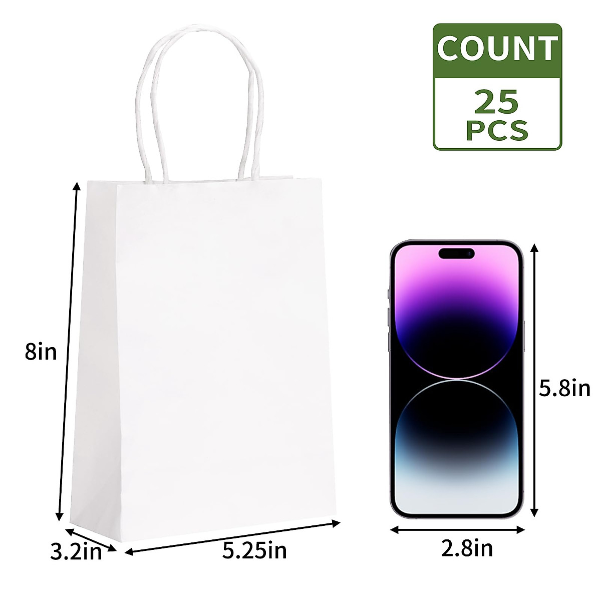 Moretoes 25pcs White Gift Bags 5.25x3.2x8 Inches Small Kraft Paper Bags with Handles Bulk, Retail Bags for Small Business, Shopping Bags, Birthday Wedding Party Favor Bags, Merchandise Bags