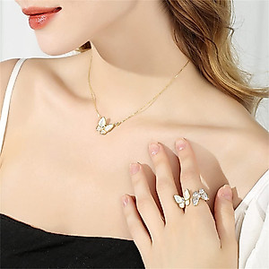 U/B Double Butterfly Rings for Women Natural Opal Ring Ladies Fashion Hand Jewelry AAA Cubic Zirconia Adjustable Ring (Silver)