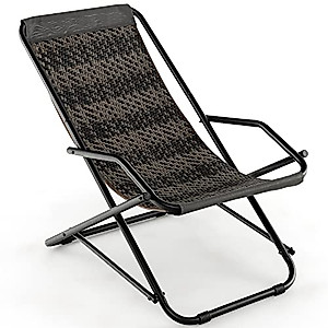 Tangkula Wicker Sling Chair Outdoor, Patio Deck Chair with Rattan Seat, Metal Frame, Armrests, Portable Folding Beach Chair for Porch, Poolside, Balcony, Garden