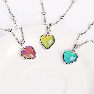 Yocoyee Color Change Love Heart Pendant Necklace Temperature Sense Color Changing Rings Glass Beaded Link Chain Trendy Necklace for Women-Necklace