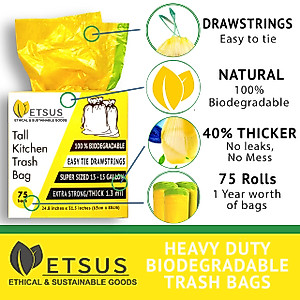 Biodegradable Trash Bags for 13 Gallon | 50 Liter Bin, Plant Based - 75 Count, Tall Kitchen Compost Bags with Drawstrings - Green Garbage Bags - 1.3 mil Thick Heavy Duty and Eco Friendly Trash Bags