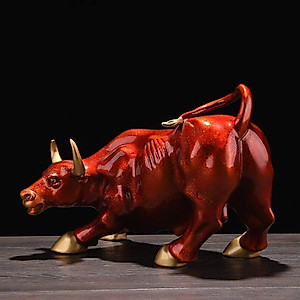 Handmade Copper Red Wall Street Bull Statue Chinese Fengshui Wealth Figurine 7'' High Home Office Shop Decoration Gift TQZDBS26