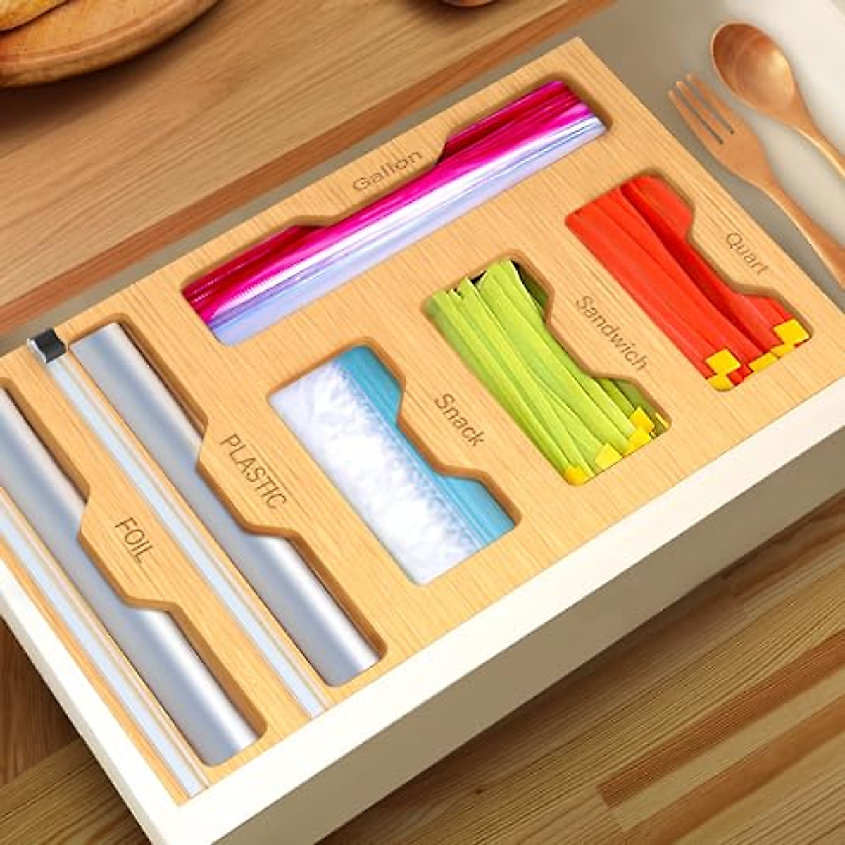 KOCWELL Bag Organizer and Plastic Wrap Dispenser with Cutter, 6 In 1 Bamboo Foil and Plastic Wrap Organizer for Kitchen Drawer, Food Storage Bag Organizer for Gallon,Quart,Sandwich,Snack(Beige)