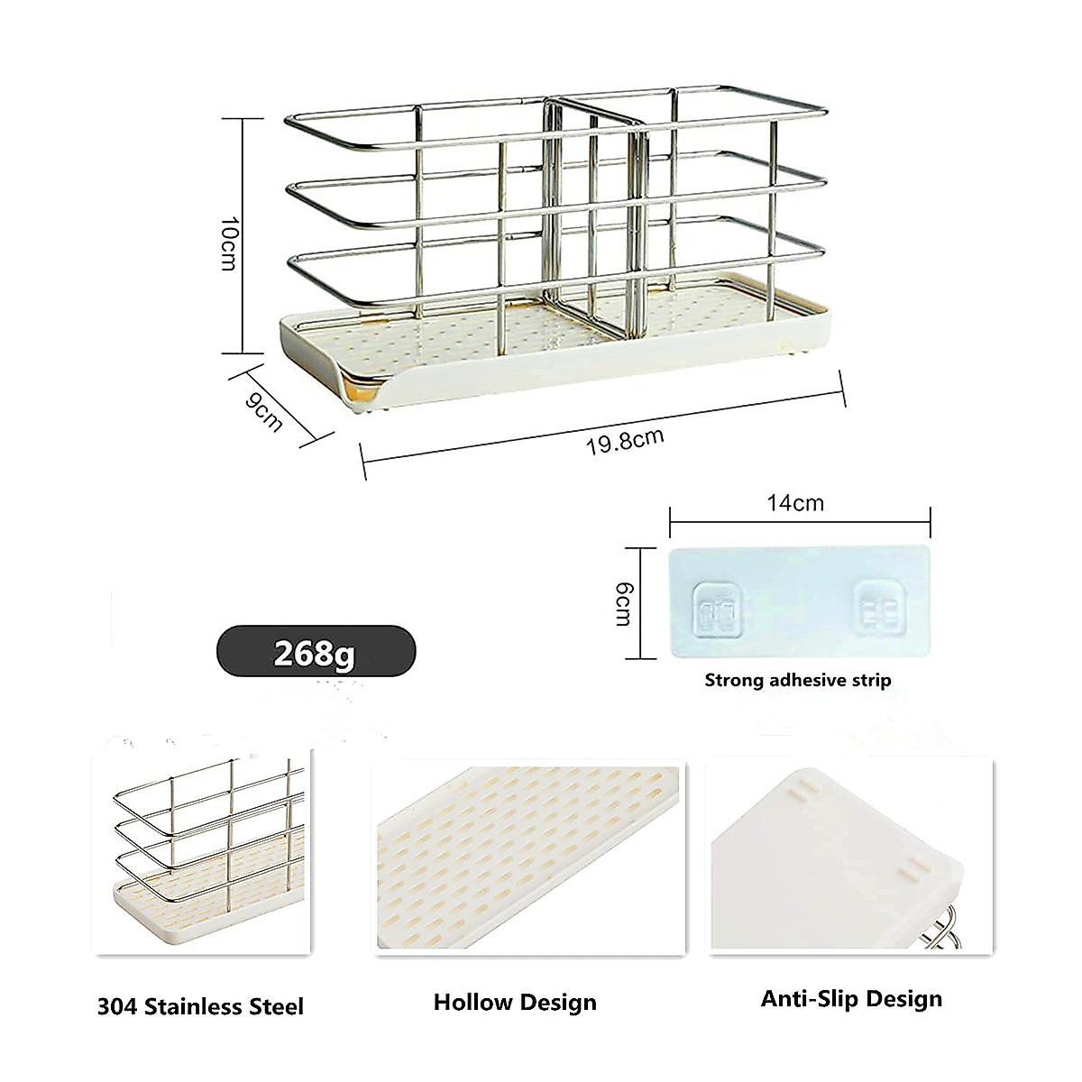 PFCTRJR Steel Kitchen Sponge Holder,Kitchen Sink Organizer Sink Caddy, Dish Brush Soap Holder Kitchen Sink Counter (Black)