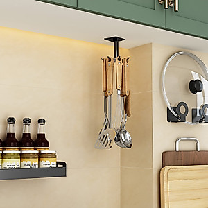 2PCS Utensil Under Cabinet Holder, Takemay 360° Rotating Stainless Steel Kitchen Utensil Holder with 8 Hooks,Top and Wall Mounted Utensil Hanger Rack for Hanging Utensils, Knives, Mugs, Spatulas, Pots