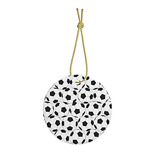 Black and White Soccer Ball Pattern Print Christmas Tree Ceramic Hanging Round Shaped Xmas Tree Pendants Gatherings Party Deco