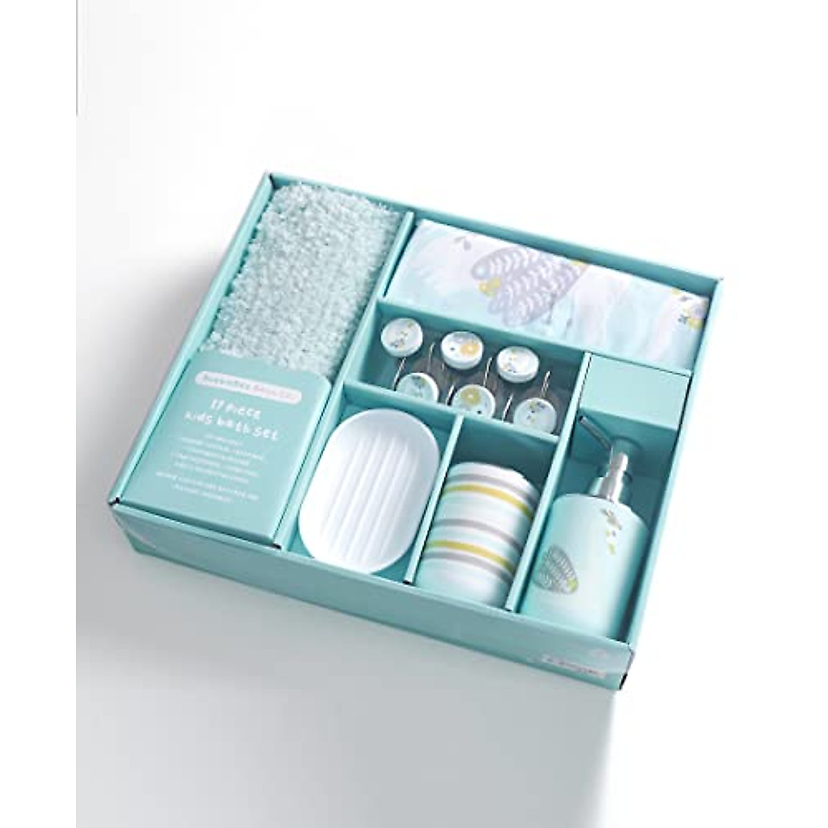 Indecor Home Bathroom Accessory Set, Fun Swan Design, Includes Shower Curtain, 12 Printed Curtain Hooks, Soap Dish, Toothbrush Holder, Soap Dispenser and Soft Non-Slip Bath Rug Mat Box Set