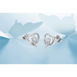 Heart Paw Jewelry 925 Sterling Silver Cute Heart CZ Cat Puppy Dog Paw Print Stud Earrings for Women Friends Birthday Jewelry (Nickel Free)