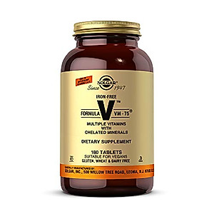Solgar Iron-Free Formula VM-75,Multivitamin with Chelated Minerals - Vitamin A, B6, B12, C, D, EBiotin, Magnesium, Calcium, Zinc - Vegan, Gluten & Dairy Free, Kosher - 180 Count(Pack of 1)