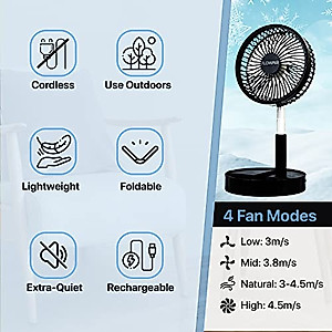 USB Rechargeable Battery Operated Fan for Home – Adjustable Standing Fan with Adjustable Height – 8-inch Portable Wireless Foldable Rotating Travel Fan – Foldaway Fan for Desk, Table, Office, Bedroom