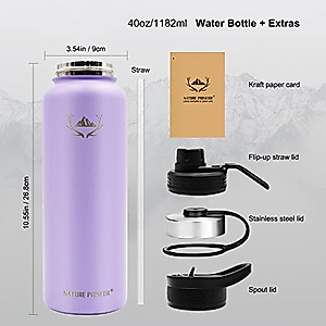 NATURE PIONEOR Insulated Water Bottles with Paracord Handle - 24/32/40/64 oz Vacuum Sports Wide Mouth Water Bottle with 3 Lids, Leak Proof Stainless Steel Keeps Hot and Cold