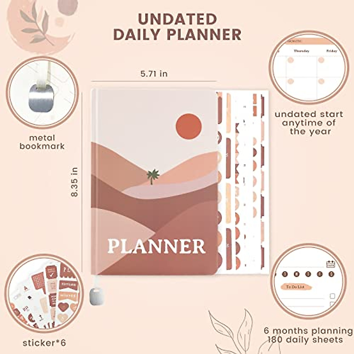 JueNi Daily To Do List Planner Notebook with Stickers (8”x 6”) - 2023 6 Months Undated Task Checklist Academic Planner Journal with Stickers for Time Management- Office Supplies to Organize Appointments & Schedules, Plan Agendas, And Boost Productivity- P