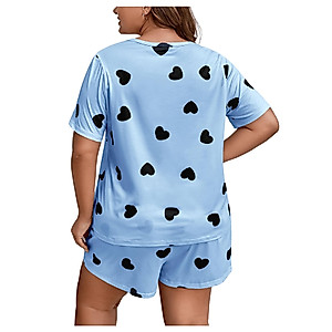 GORGLITTER Women's Plus Size 2 Piece Pajama Set Heart Print Short Sleeve Crewneck Tee with Shorts Pjs Set Light Blue 4X-Large Plus