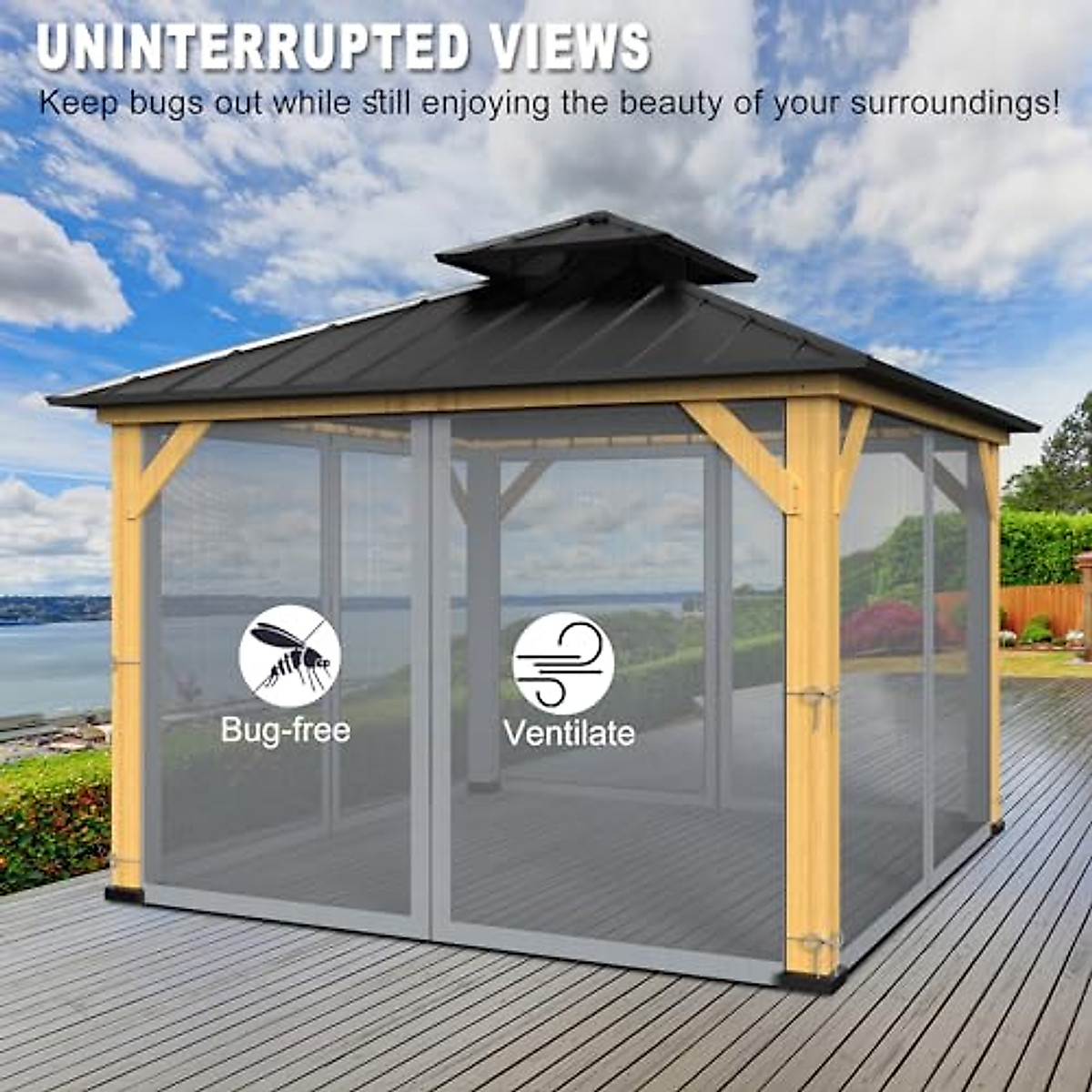 10-ft x 12-ft Gazebo Netting Replacement,Universal 4-Panel Mosquito Netting for Gazebo with Zippers(Only Netting)-Grey