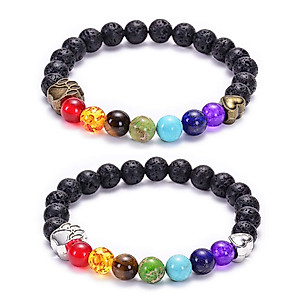 Natural Stone 7 Chakra Dog Paw Charm Lava Rock Mala Beads Elastic Bracelet Yoga Meditation Healing Bangle (Bronze & Silver Dog Paw)