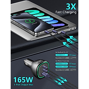 165W USB C Car Charger Adapter,GOUNULI Super Type C Car Charger Fast Charging PD3.1 140W PD3.0 100W Car Phone Charger Fast Charge for iPhone15 Pro Samsung S22 S21 iPad MacBook pro Laptop Steam Deck