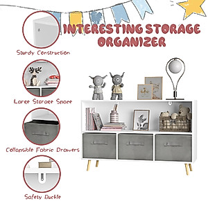 Kids Bookcase and Bookshelf Multi Shelf Cubby with 3 Collapsible Fabric Drawers Kid's Book and Toy Display Rack Toy Storage Cabinet Organizer for Playroom Nursery Children's Room School, White+Grey