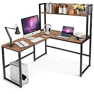 Tangkula Reversible L-Shaped Desk with Hutch, Space Saving Corner Computer Desk with Storage Shelves, Home Office Study Writing Desk Computer Workstation with Storage Bookshelf, Gaming Desk