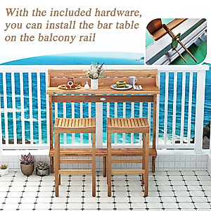 Tangkula 3 Pieces Acacia Wood Balcony Table Set, Outdoor Bar Height Table & 2 Bar Stools w/Shelf, Footrest, Curved Wood Seat, Back Rail for Assembly, for Balcony, Patio and Small Outside Space (1)
