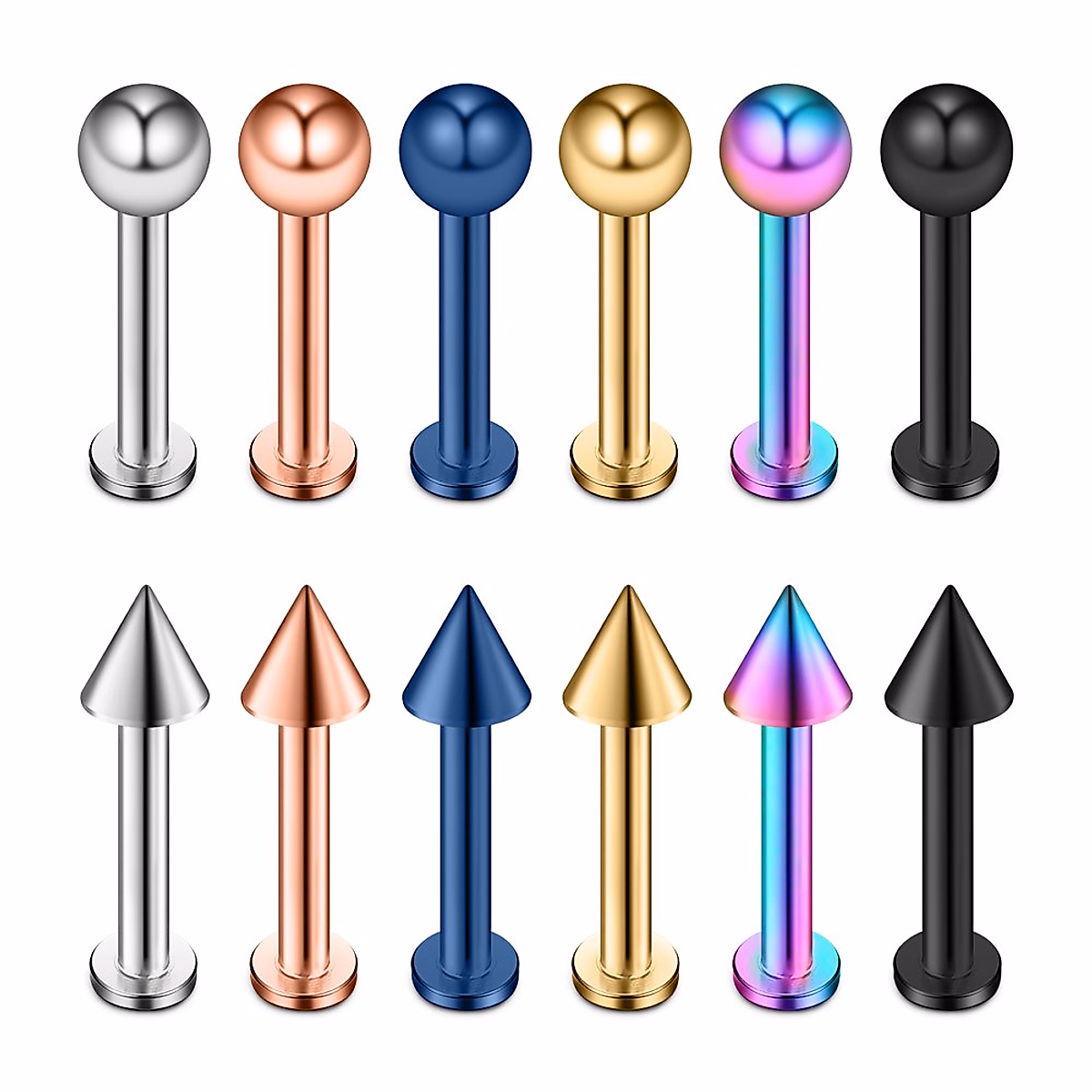 Ruifan 12PCS Assorted Colors Stainless Steel Ball & Spike Labret Monroe Lip Ring/Tragus/Helix Earring Stud Barbell Body Piercing Jewelry 12G 12mm
