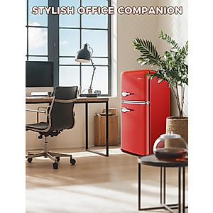 Anypro 3.2 Cu.Ft Refrigerator, Retro Double Door Fridge with Freezer, 7 Adjustable Temperature Settings, Removable Glass Shelves for Dorm, Office, Bedroom, Apartment, Red