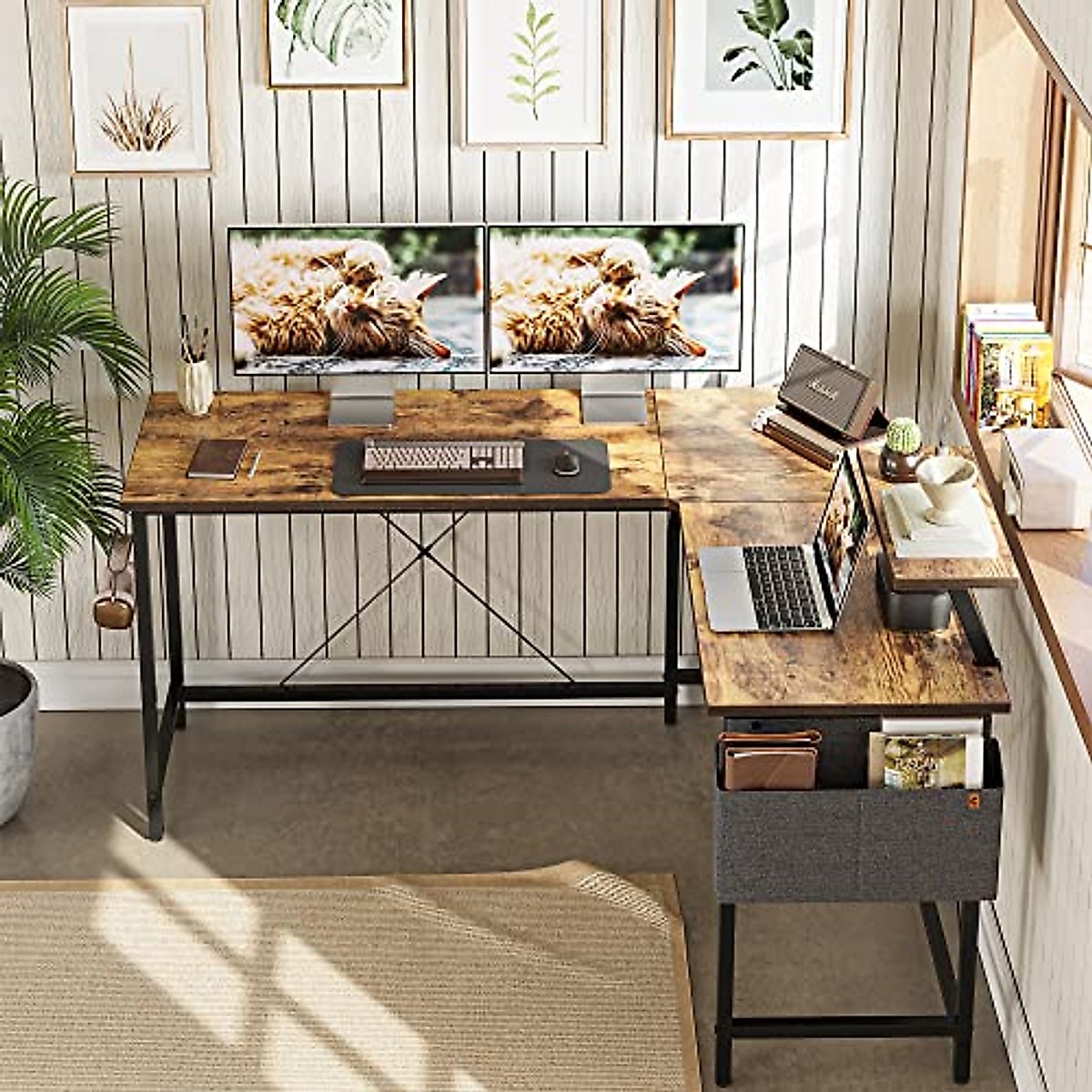 Cubiker Modern L-Shaped Computer Office Desk, Corner Gaming Desk with Monitor Stand, Home Office Study Writing Table Workstation for Small Spaces