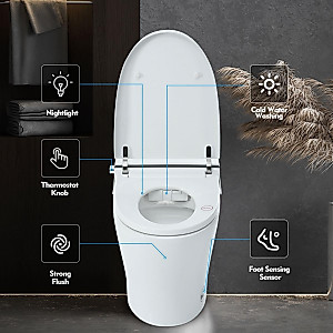 12 Inch Rough In Size Smart Toilet with Bidet Built in, Soft close Elongated Seat, Heated Seat, Foot Sensor Flush, Water-Saving Powerful Flush, Washing Nozzle, Night Light,Tankless Toilet