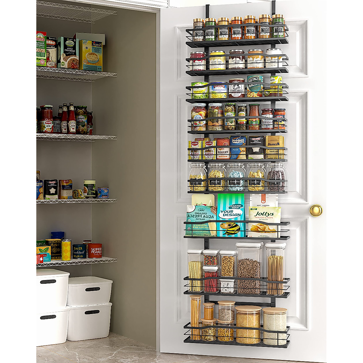 Moforoco 9-Tier Over The Door Pantry Organizer, Pantry Organization and Storage, Black Hanging Basket Wall Spice Rack Seasoning Shelves, Home & Kitchen Bedroom Bathroom House Essentials