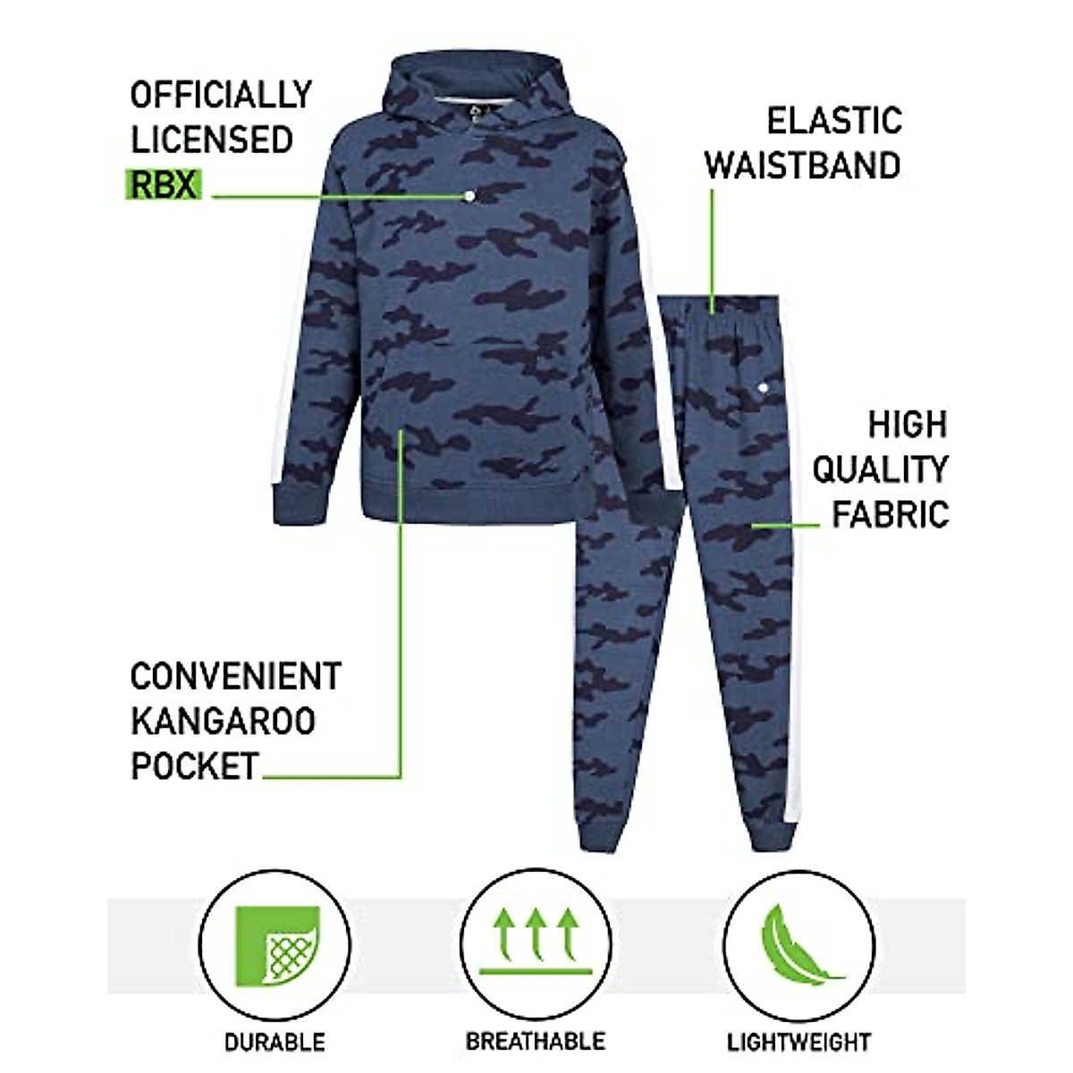 RBX Boys' Active Sweatsuit Set - 2 Piece Fleece Hoodie Sweatshirt and Jogger Sweatpants (8-12), Size 8, Navy Mesh