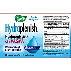 Nature's Way, Hydraplenish, Hyaluronic Acid With MSM, 60 Capsules. Pack of 3 bottles.