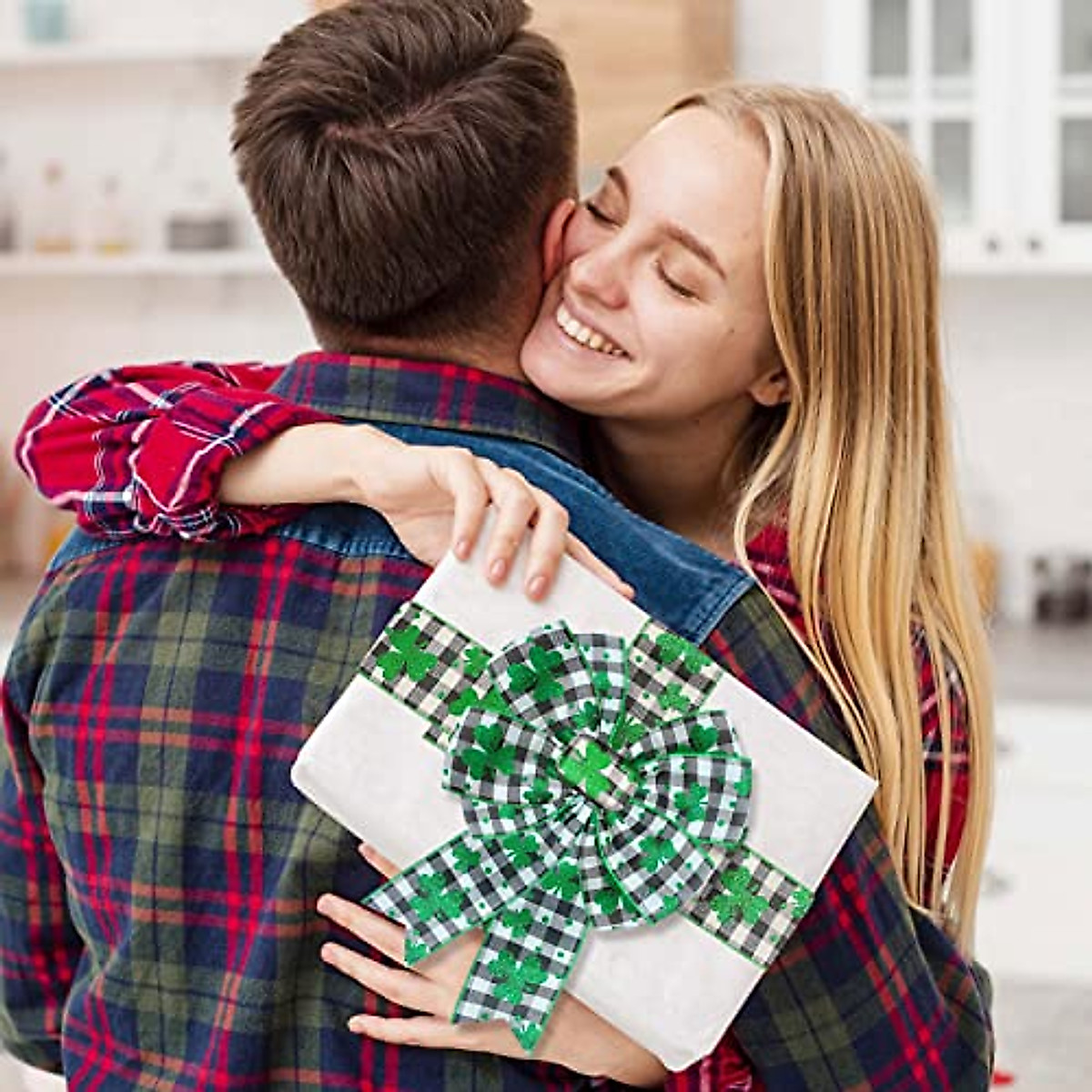 Happy St. Patrick's Day Glitter Lucky Shamrock Checkered Plaid Wired Edge Ribbon Green Clover Fabric Ribbon Ornaments for St. Patrick Decorations Gift Wrapping Party Decorative 2.5"x10 Yard