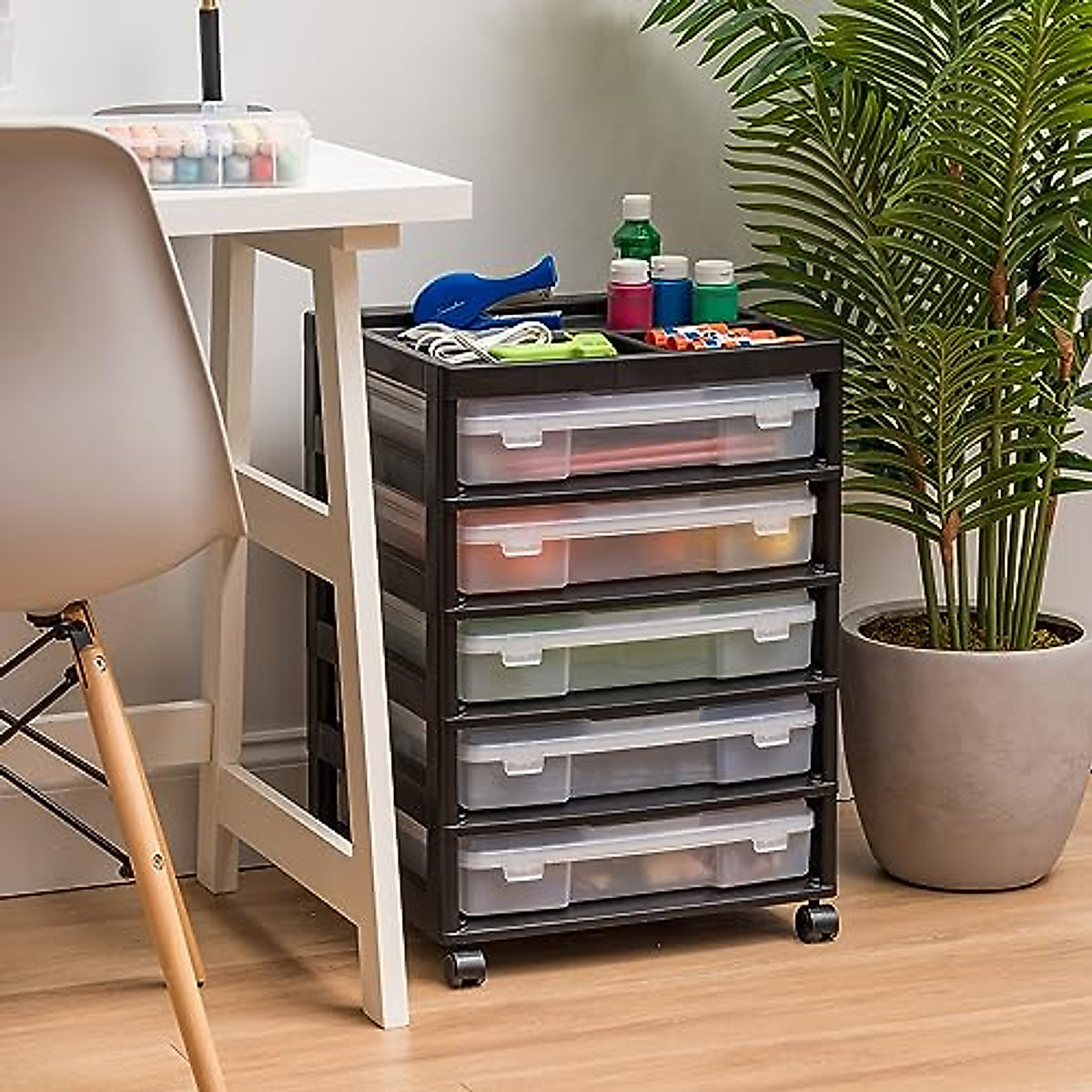 Plastic Drawer Storage Organizer 5 Drawers Dresser Rolling Storage Cart Craft Dorm Storage Shelves Containers With Drawer Unit On Wheels for Art Supplies,Home,Closet,Bedroom,Bathroom,Office, Black