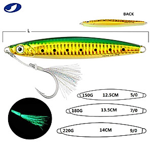 OCEAN CAT 1 PC Slow Fall Pitch Lead Metal Flat Fishing Jigs Lures Sinking Vertical Jigging Bait with Circle Hook for Saltwater Fishing (Green&Gold, 150g)