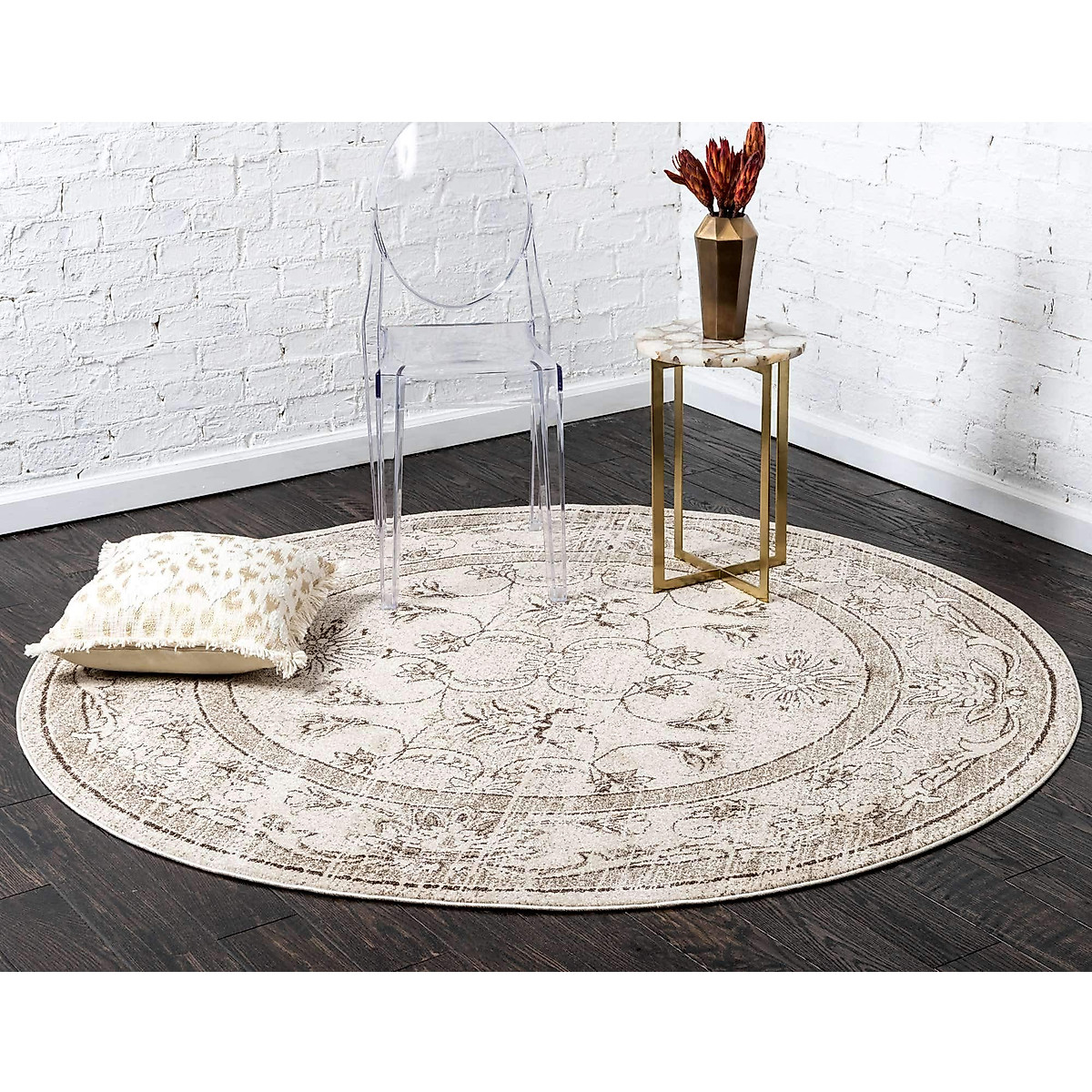 Unique Loom La Jolla Collection Botanical, Contemporary, Traditional, Rustic, Border Area Rug, 12' 2" Round, Ivory/Beige