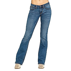 cffvdiz Bootcut Jeans for Women Mid Waist Slim Jeans Stretch Back Pocket Embroidered Bell Bottom Jeans,Blue,S