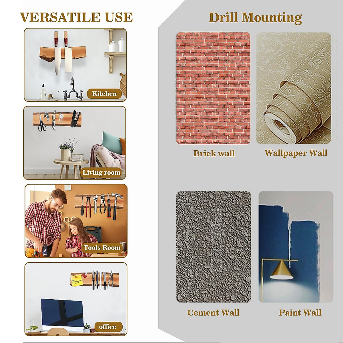 CHI SHANG 12.5 Inch Magnetic Knife Holder for Wall,Acacia Wood Knife Magnetic Strip,Knife Holder Wood Magnetic,No Drilling Knife Magnetic Strip-Strong Knife Magnet- for Kitchen Knives and Tools