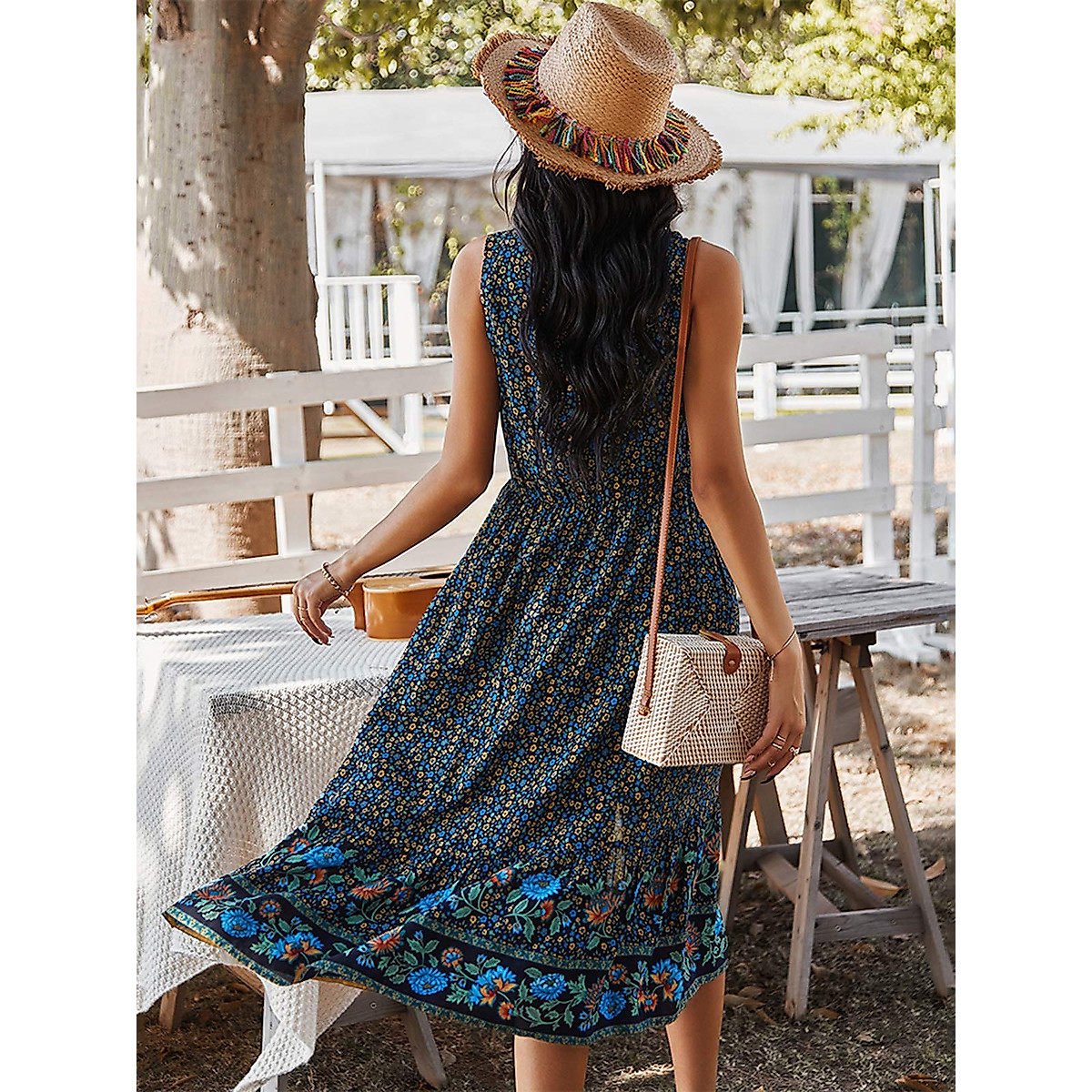 TEMOFON Women Dress Summer Sleeveless Bohemian Floral V Neck Button Down Flowy Boho Dresses 2025 Navy Blue XL