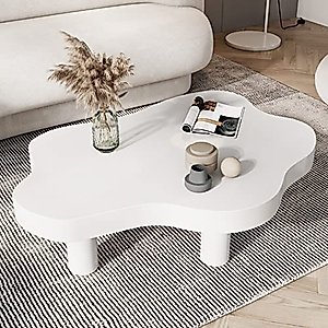 Cloud Shape Irregular Wood Coffee Table,Round Corner Thicken End Table,Cute Accent Modern Coffee Cocktail Table with 3 Legs for Living Room Furniture(27.5" Lx18 Wx16 H, White)