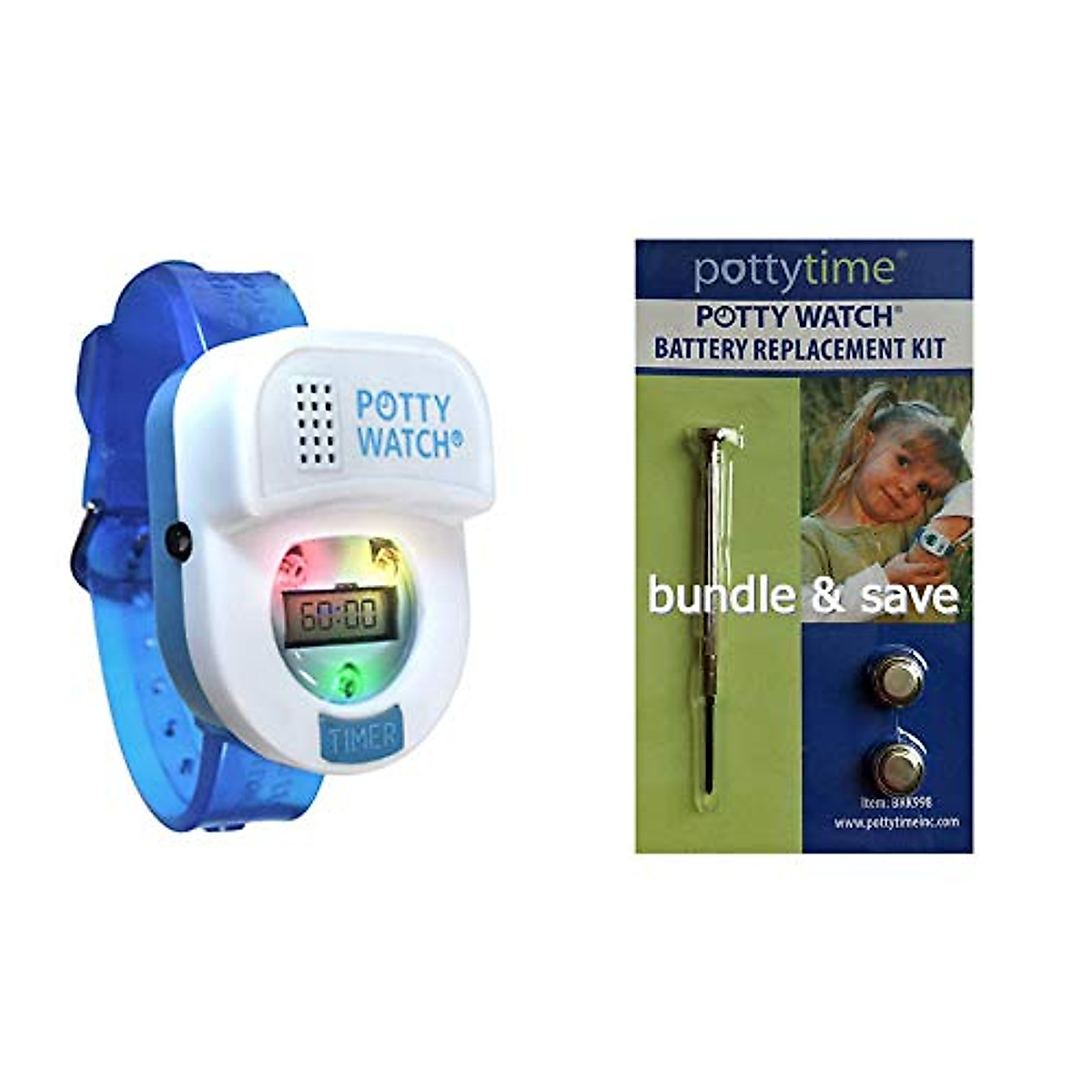 Potty Time:The Original Potty Watch|Water Resistant,Toilet Training Aid,Warranty(30|60|90 Min Auto Timers w/Music & Flashing Lights for Fun & Gentle Reminders) Blue+Savanna Sticker Chart+Battery Kit