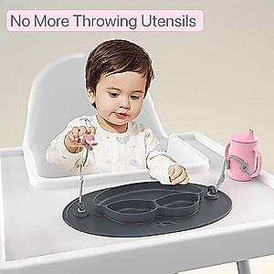 Silicone Suction Toddler Plates - Baby Plate Placemat for First Foods,Self-Feeding Plate for Kids + 3 Divided + 2 Tethers - Dishwasher Safe (Grey)